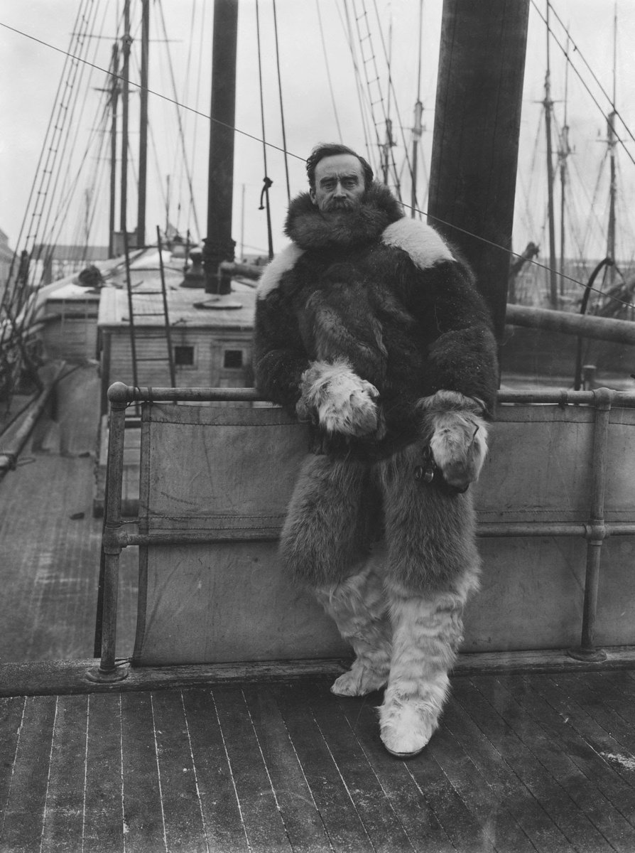 Explorer Robert Peary standing in the deck of the SS Roosevelt before ...