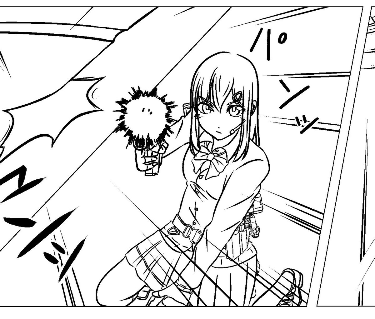 「①6ページ目にして初発砲 ②小さいコマなのに作画がやたらしんどかった」風見れご@C103日曜東A-90aの漫画