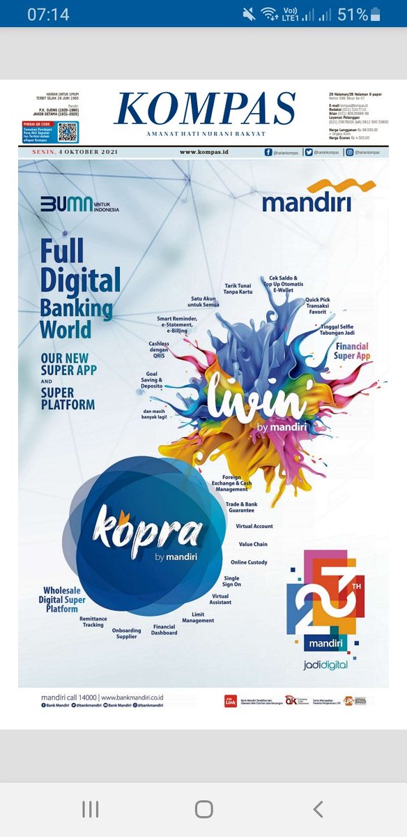 Halaman muka e-paper kompas pagi ini. Mobile banking Livin' dari Bank ...