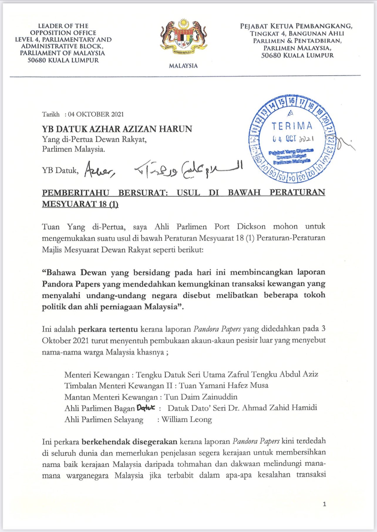 Anwar Ibrahim on Twitter: "KENYATAAN MEDIA 4 Oktober 2021 Mengambil maklum pendedahan Pandora ...