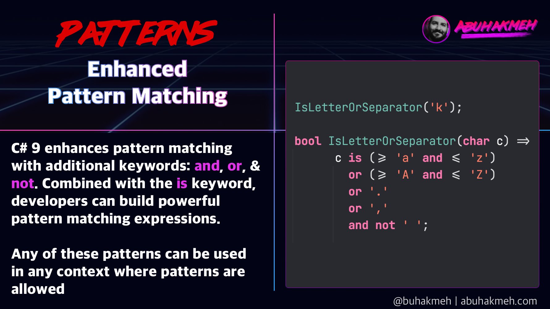 Khalid #dropthedot on Twitter: "😲 C# 9 introduces enhanced pattern matching with keyword like ...