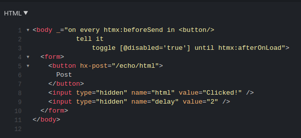 htmx.org on Twitter: "fun bit of hyperscript to disable buttons when an htmx request is in ...