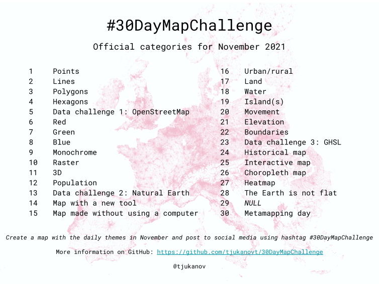 Topi Tjukanov on Twitter: "🎉Categories for #30DayMapChallenge 2021 🎉 Join in to create maps ...
