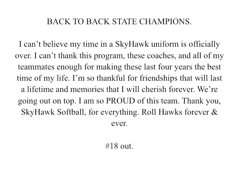 Ruby Meylan on Twitter: "State Champions. Thank you, SkyHawk Softball, for everything. 18 out ...