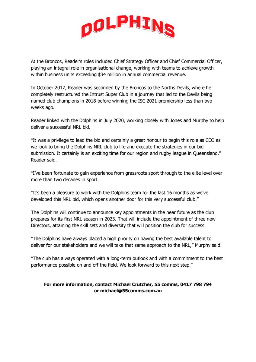 [OFFICIAL] Dolphins confirm NRL Management & Governance structure : r/nrl