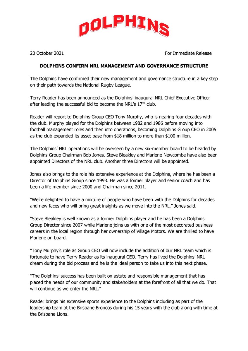 [OFFICIAL] Dolphins confirm NRL Management & Governance structure : r/nrl