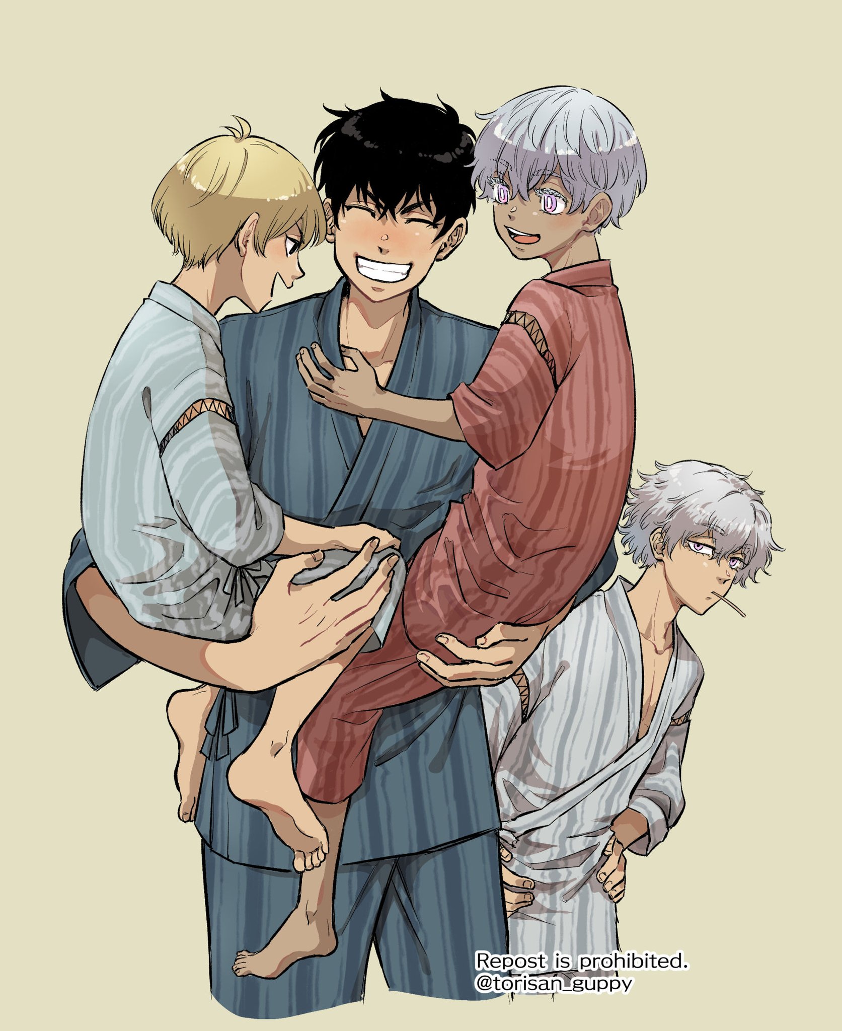 NK4"M on Twitter: "皆色違いの甚兵衛着てお兄ちゃんと一緒に寝ればいいよ！ていう絵です。 さの兄弟とワ力と2枚目は🦋チャンもいる。 https://t.co ...