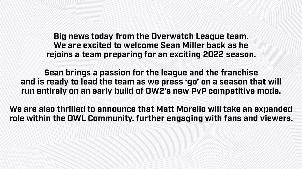 Sean Miller rejoins the OWL team, with Matt Morello (Mr. X) taking on ...