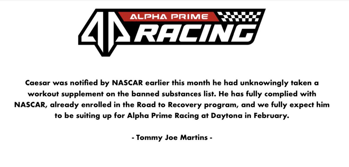 Alpha Prime Racing’s response to Caesar Bacarella’s suspension : r/NASCAR