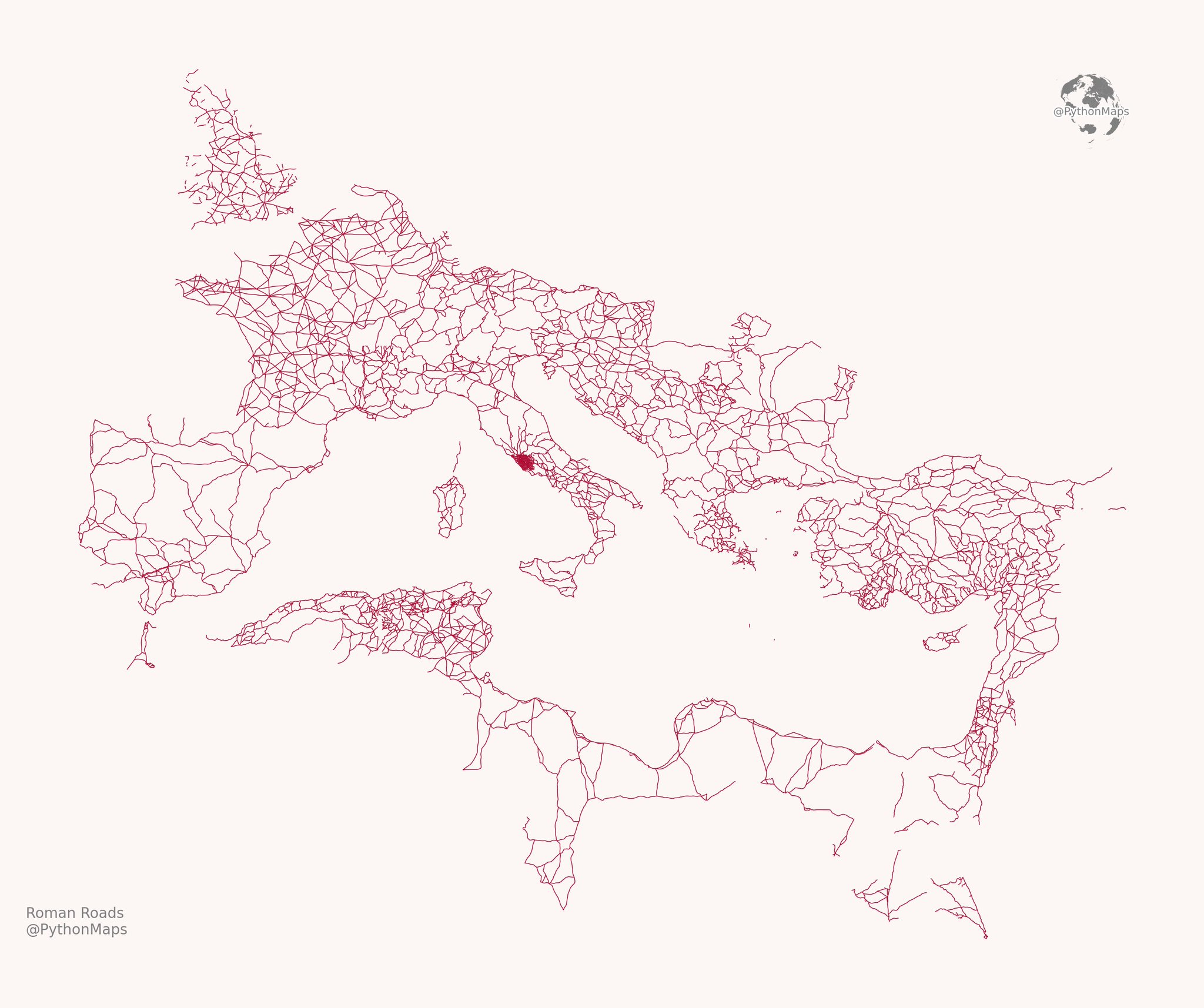 Python Maps on Twitter: "All roads lead to Rome. This map is visualises the famous roads built ...