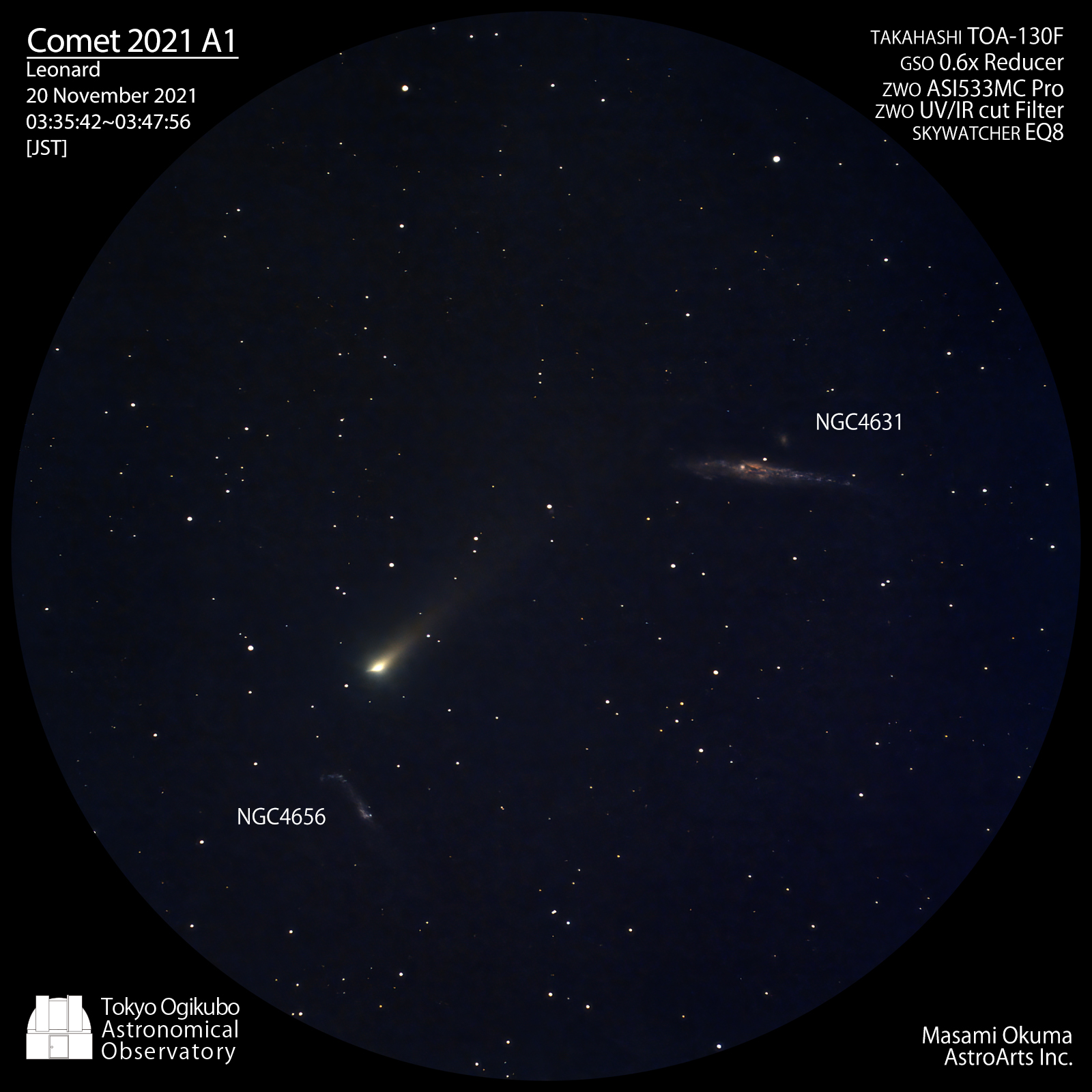 東京荻窪天文台 on Twitter: "11月25日未明のレナード彗星と銀河（NGC4631&4656）の接近。今朝は月はあるものの、透明度の高い夜空で、2つの銀河との接近を捉えることができ ...