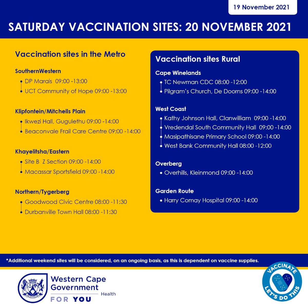 SA #VaccineRollout: Saturday vaccination available for walk-ins on 20th ...