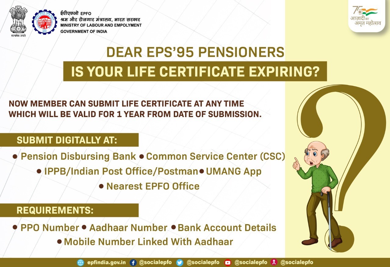 EPFO on Twitter: "EPS’95 Pensioners can now submit Life Certificate at any time which will be ...