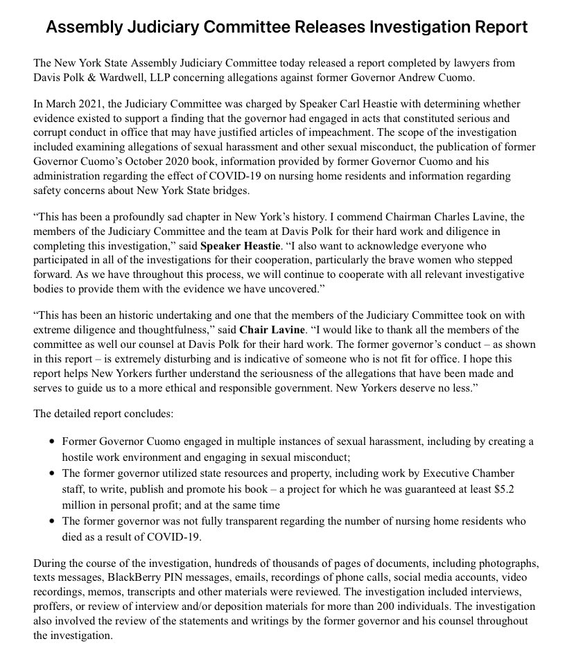 [Nick Reisman] The Assembly’s report on ex-Gov. Cuomo has been released ...