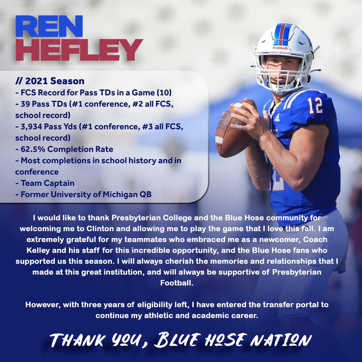 Presbyterian QB Ren Hefley has entered the transfer portal : r/CFB
