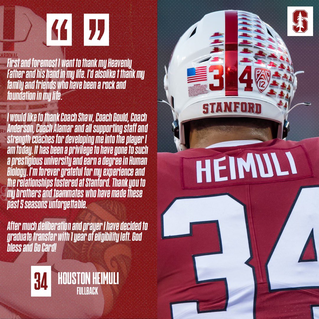 Stanford FB Houston Heimuli has entered the transfer portal : r/CFB
