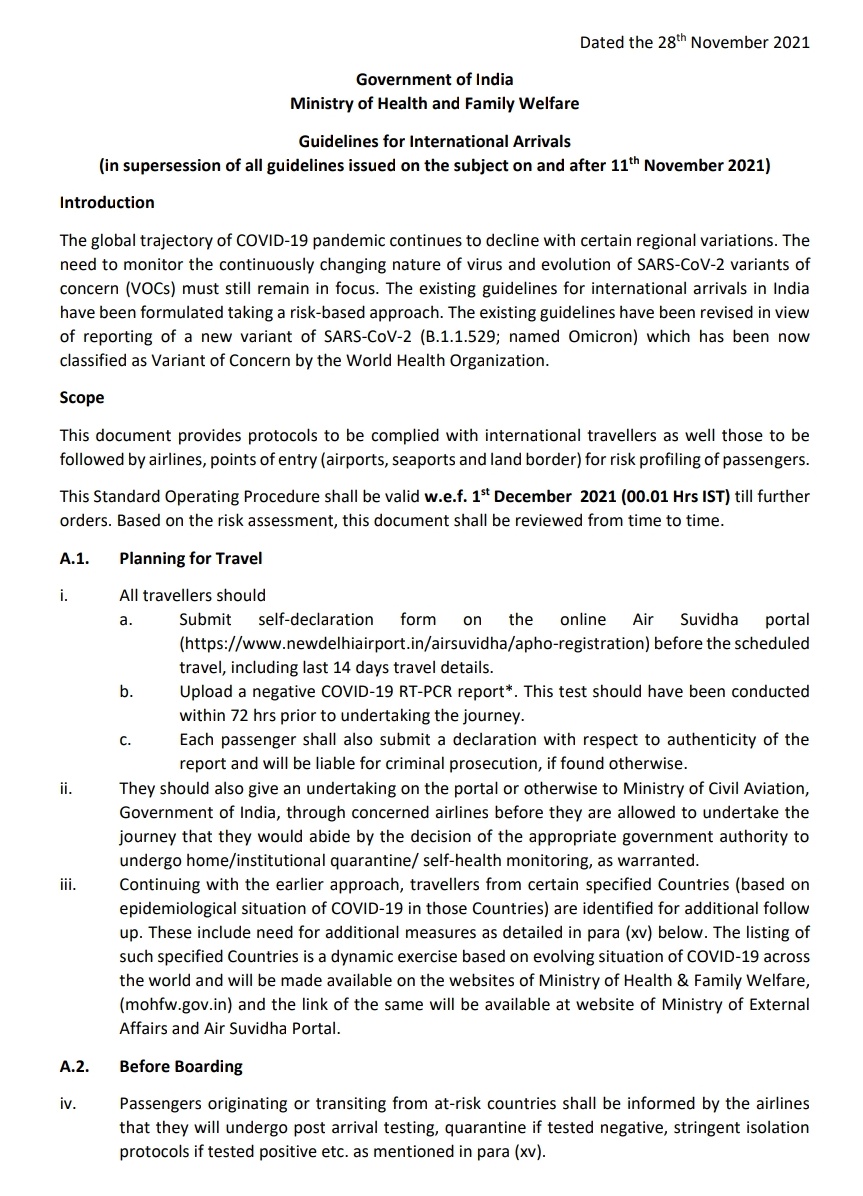 Govt of India announces revised guideline for international travel ...