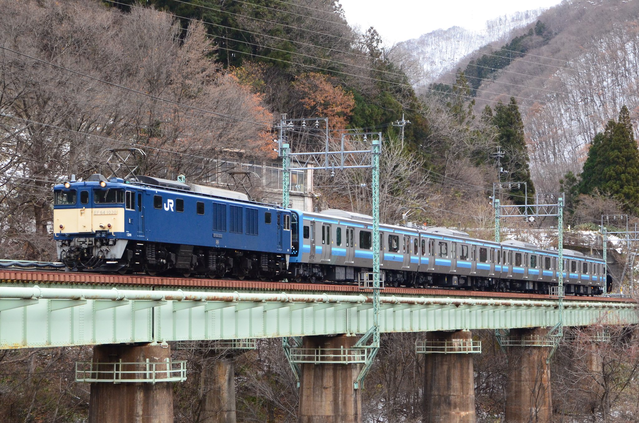 ๑れなゆー๑ on Twitter: "2021/11/29 配9728レ EF64-1030 + E131-510(G-10) 上越線 第六利根川橋梁 まさかこんな雪の中で地元相模線の配給を ...