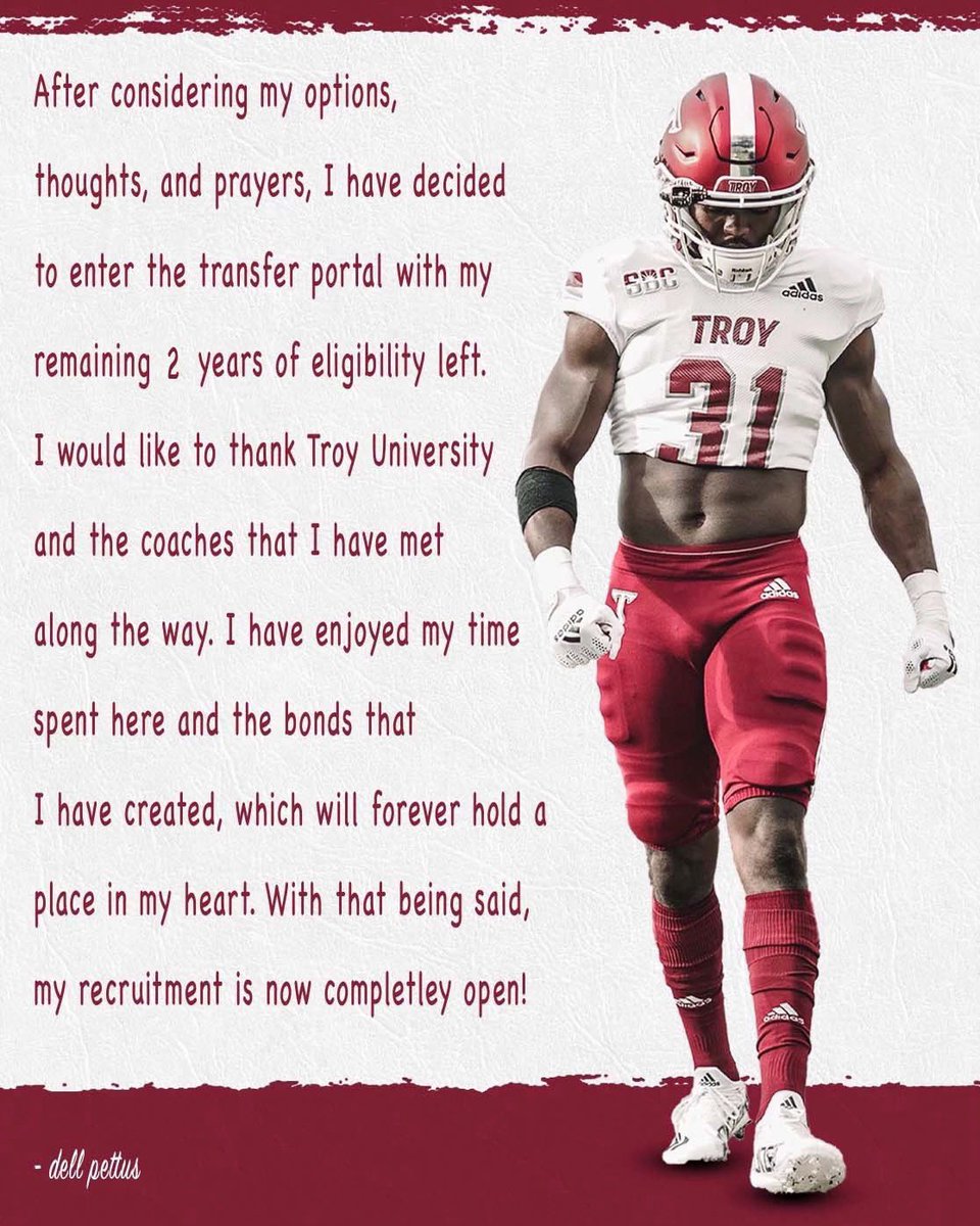 Troy DB Dell Pettus has entered the transfer portal : r/CFB