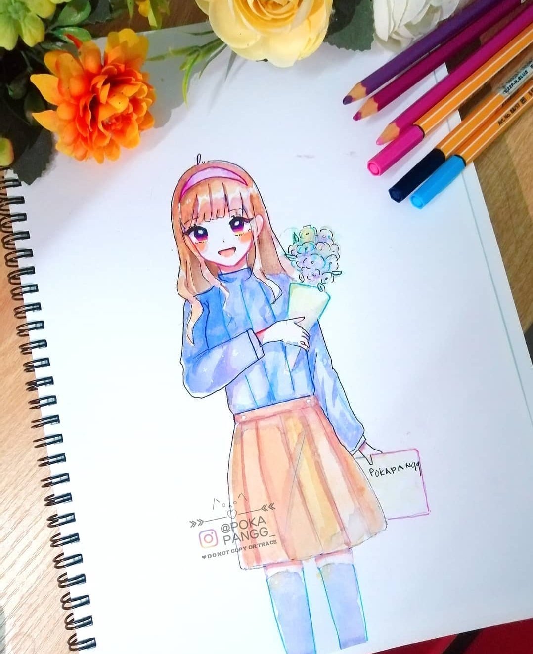 Anime Girl Holding A Rose Drawing