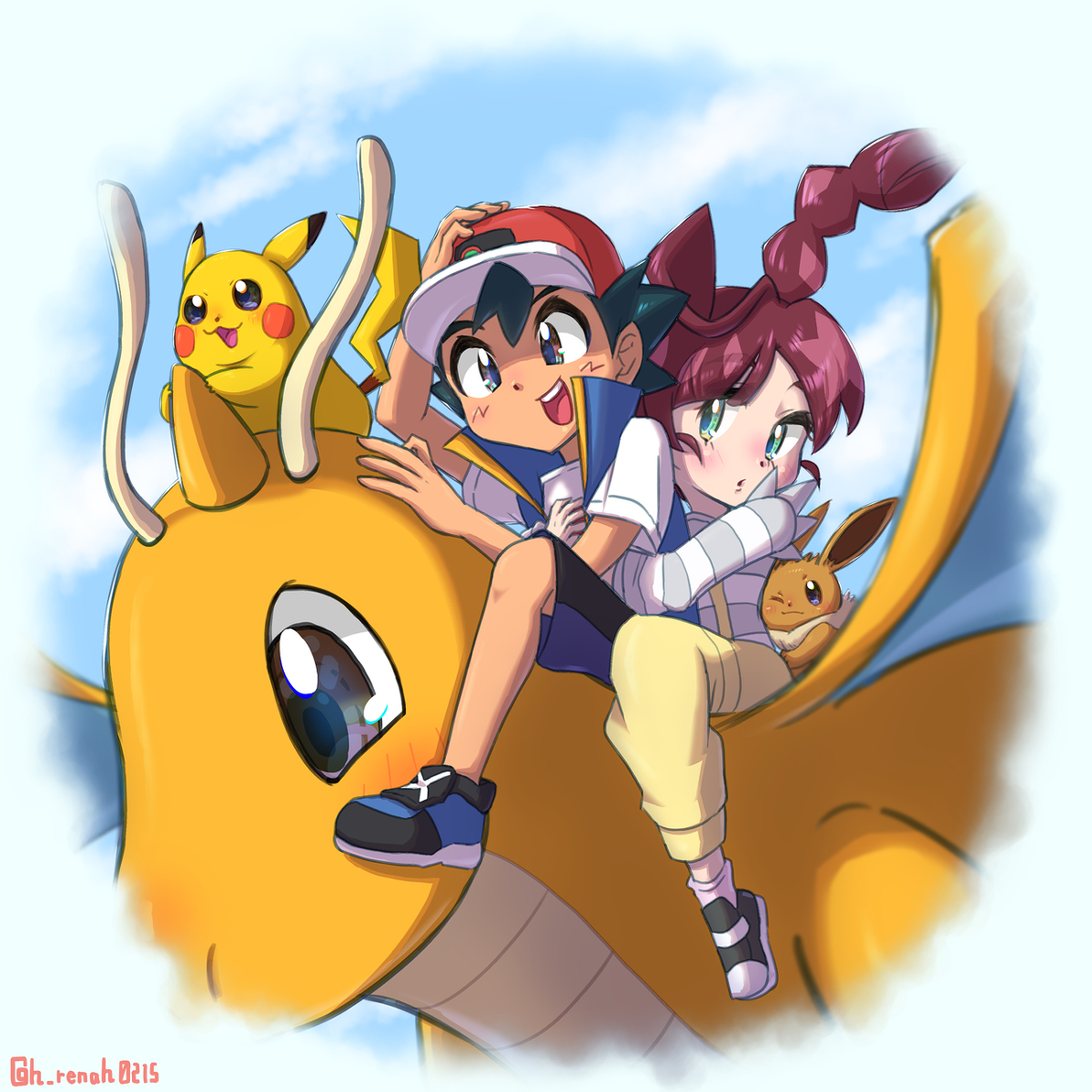 ash ketchum ,pikachu 1girl 1boy hat pokemon (creature) riding pokemon ...