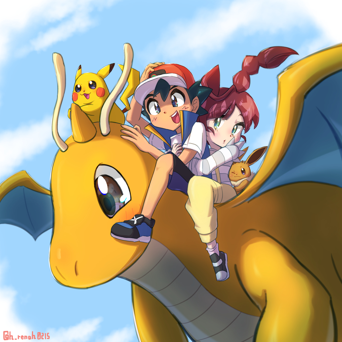 ash ketchum ,pikachu 1girl 1boy hat pokemon (creature) riding pokemon ...