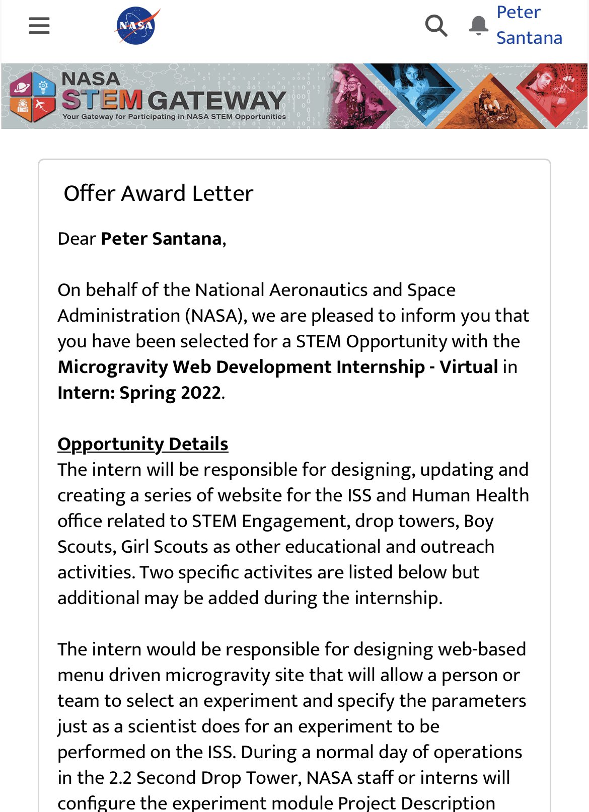 Nasa Letter Of Acceptance