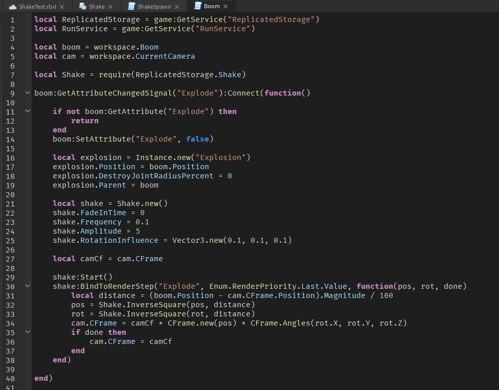 sleitnick on Twitter: "Here's the code I wrote to make this happen using the new Shake module ...