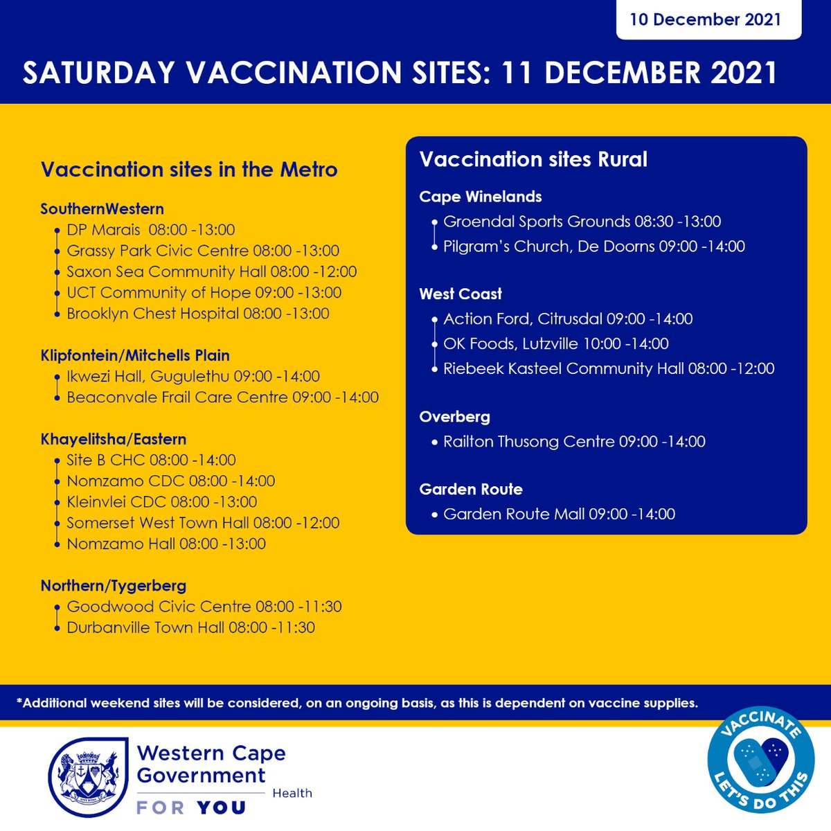 SA #VaccineRollout: Saturday vaccination available for walk-ins on 11th ...