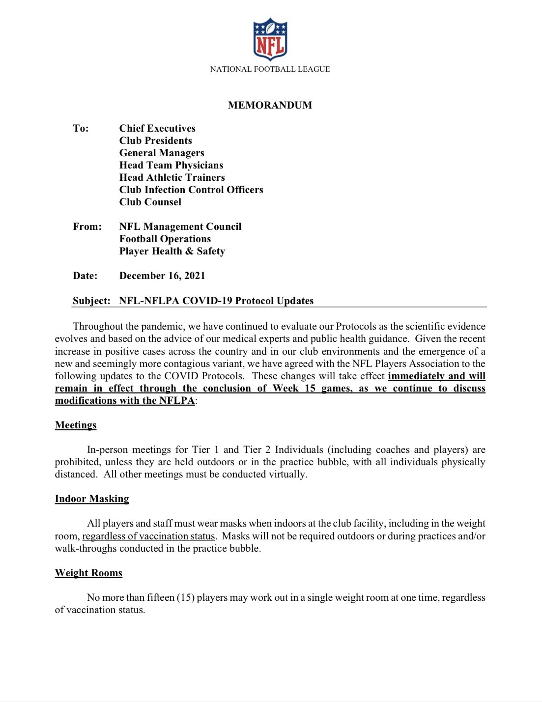 Mike Garafolo on Twitter: "A portion of the NFL’s memo on updated COVID-19 protocols. See the ...