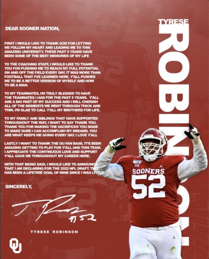 Oklahoma OT Tyrese Robinson declares for the NFL draft. : r/CFB