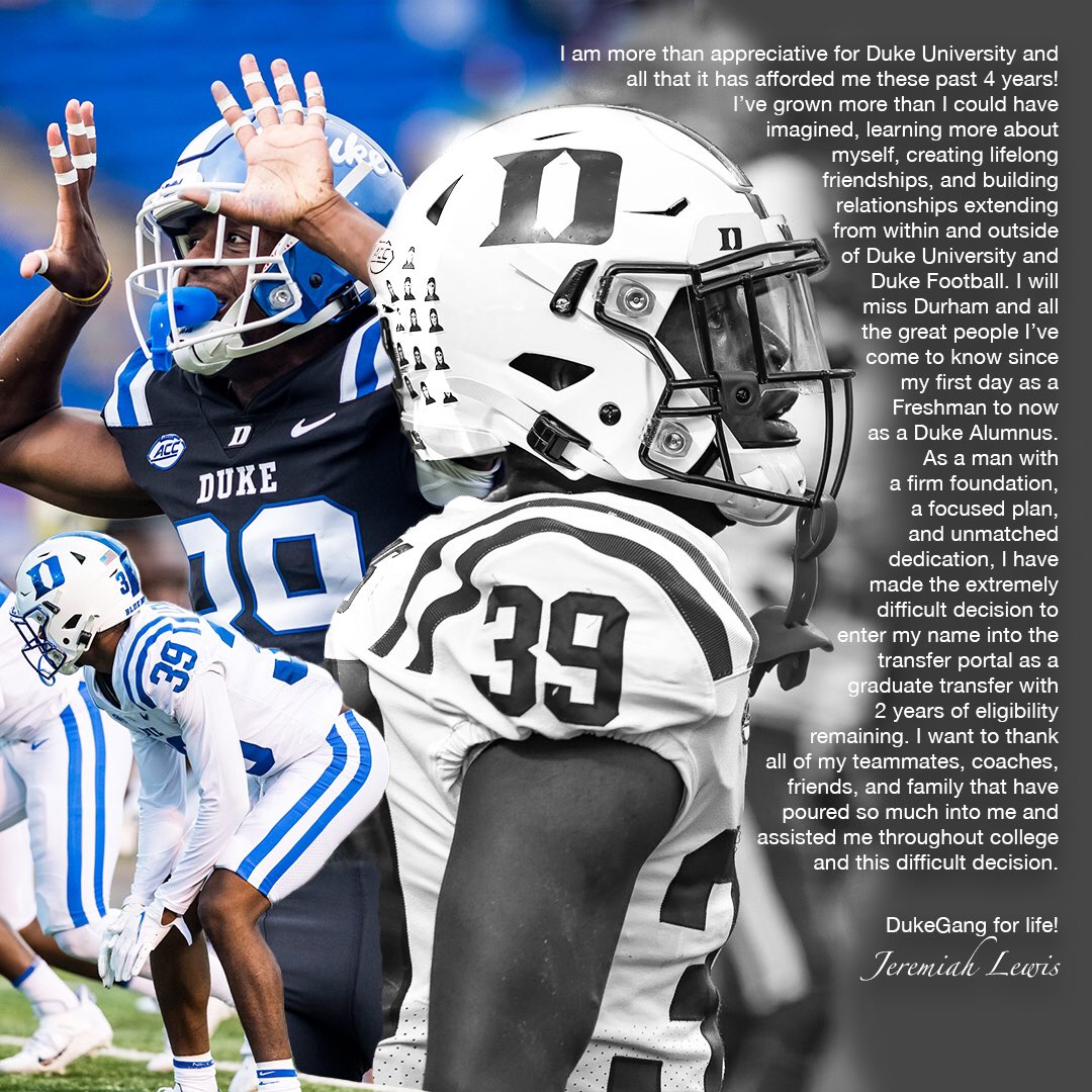 Duke CB Jeremiah Lewis has entered the transfer portal : r/CFB