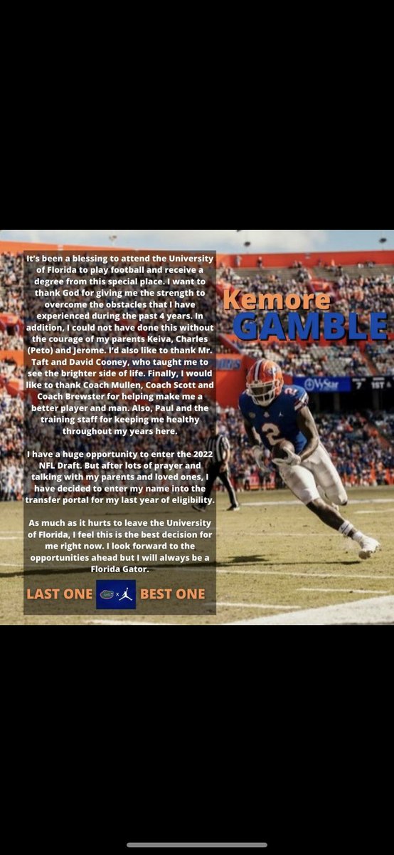 Florida TE Kemore Gamble has entered the transfer portal : r/CFB