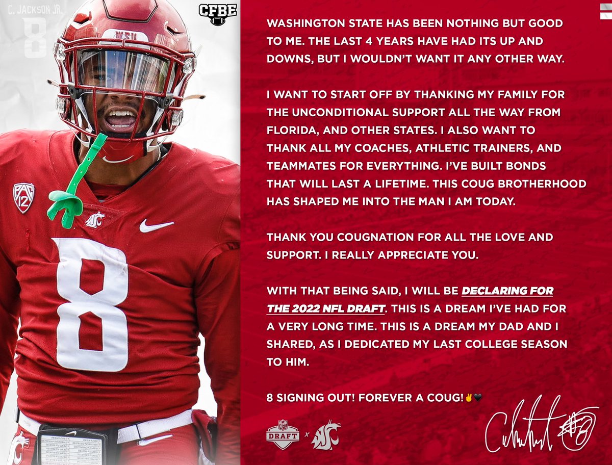 Washington State WR Calvin Jackson Jr. declares for the NFL draft. : r/CFB