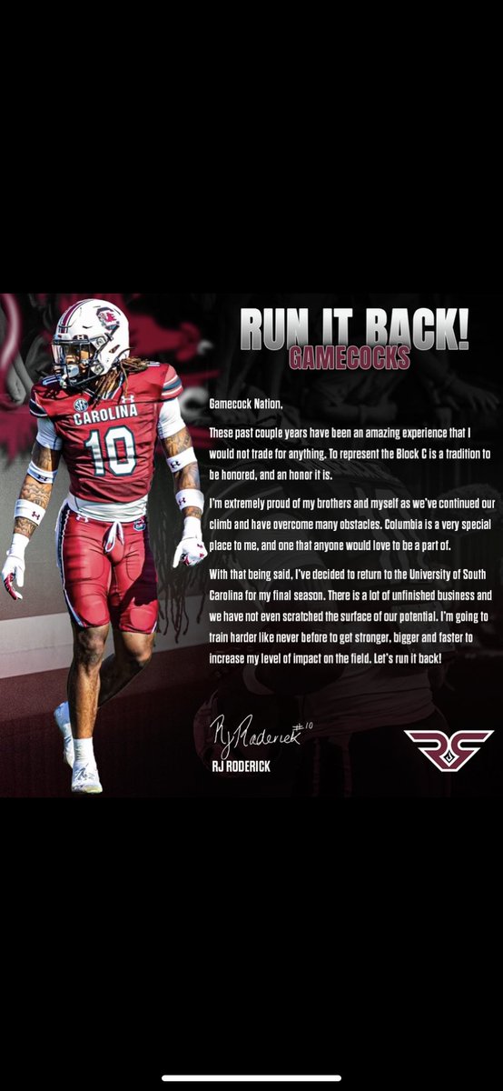 South Carolina S RJ Roderick to return for 2022 : r/CFB