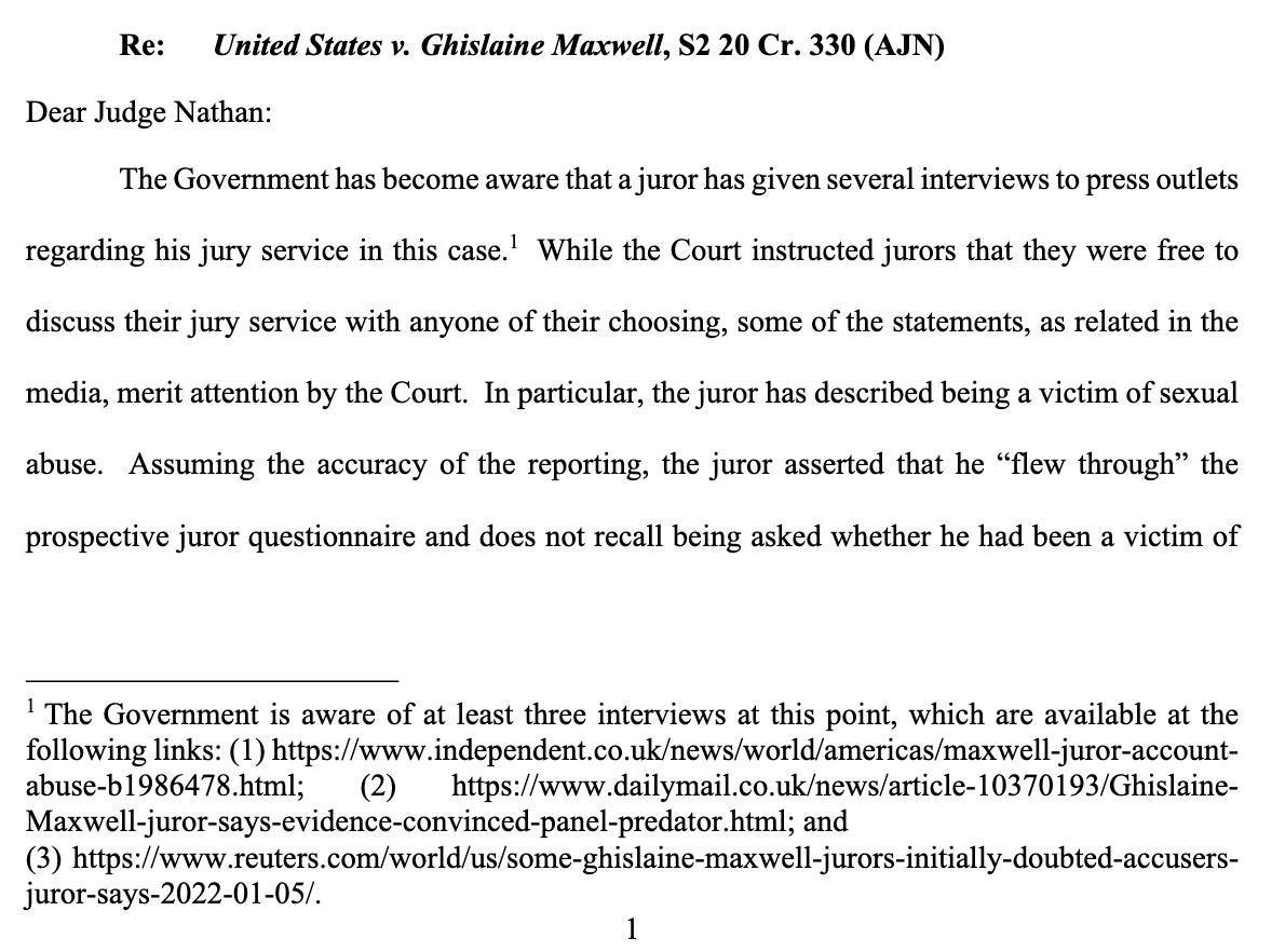 Adam Klasfeld on Twitter: "Ghislaine Maxwell's prosecutors have taken notice of a juror's ...