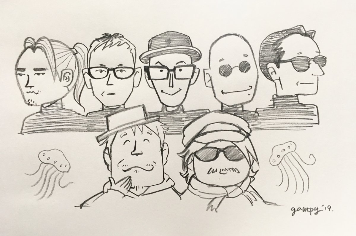 「初出し。 パール兄弟+鈴木慶一さんと岡田徹さんゲストのライブグッズ用のイラストのラフスケッチ。 サエキけんぞうさんとメッ」ganpukuの漫画