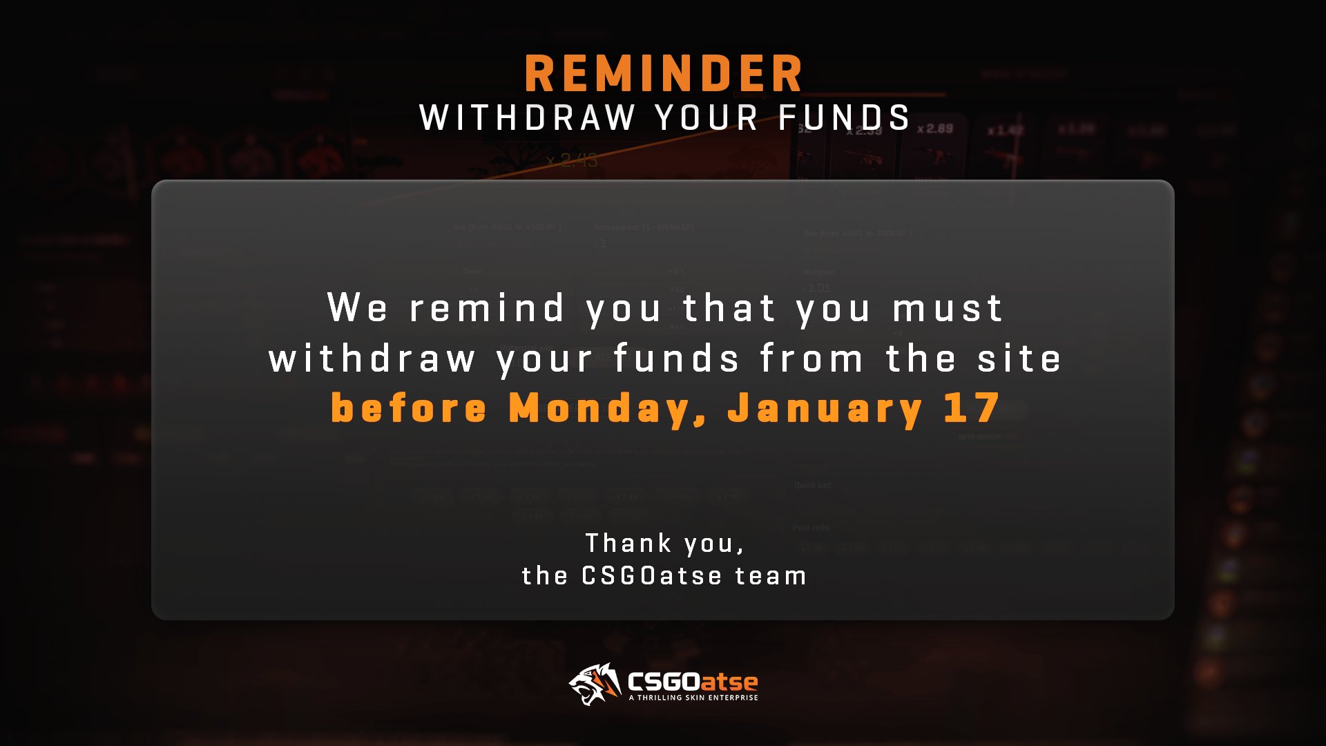 CSGOatse on Twitter: "Remember to withdraw your funds before Monday 17! https://t.co/45dX2uCEFI ...