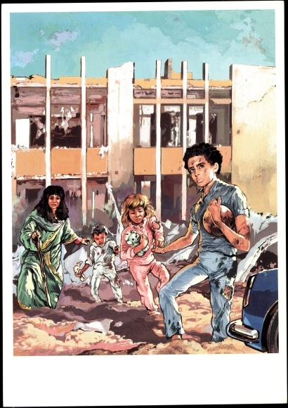 Libyan postcard from 1988 showing Muammar Gaddafi with children fleeing ...
