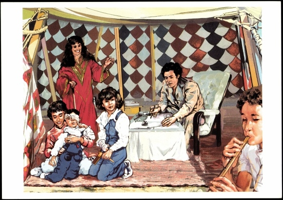 Libyan postcard from 1988 showing Muammar Gaddafi with children fleeing ...
