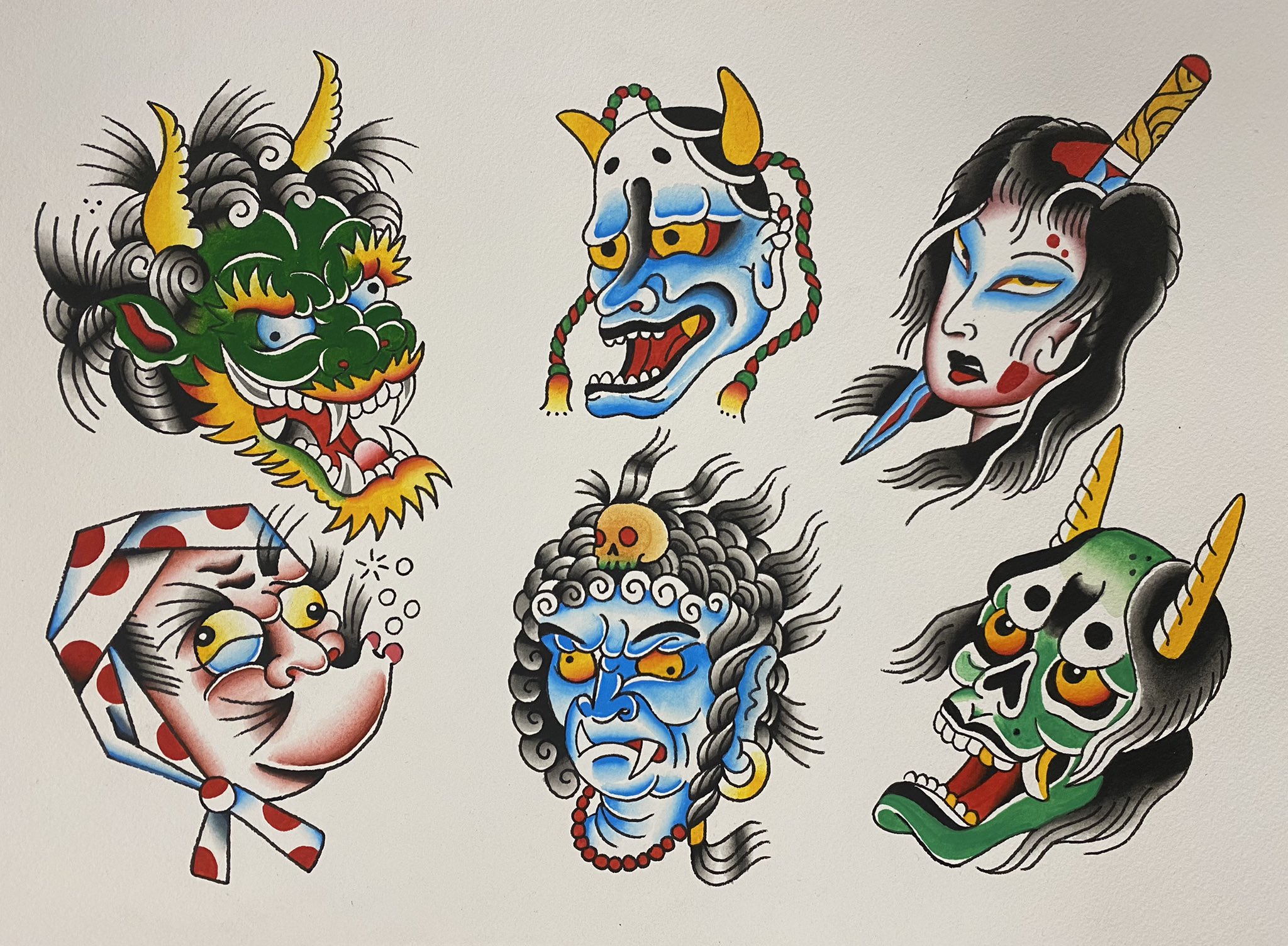 Traditional Japanese Mask Tattoo Flash