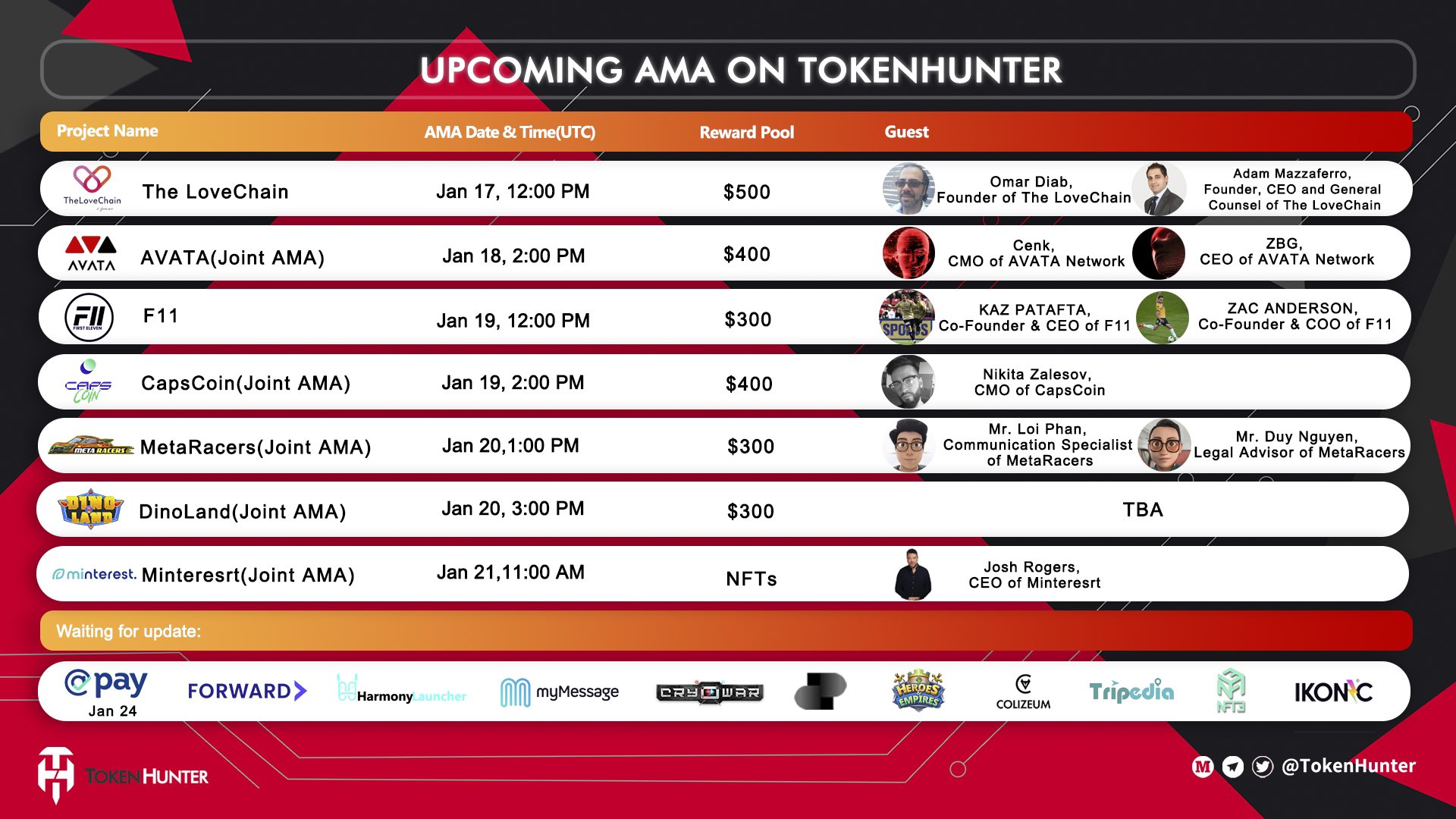 TokenHunter on Twitter: "#TokenHunter Upcoming AMA 💖 📅January, 2022 17th 💎 @the_lovechain 18th 💎 ...