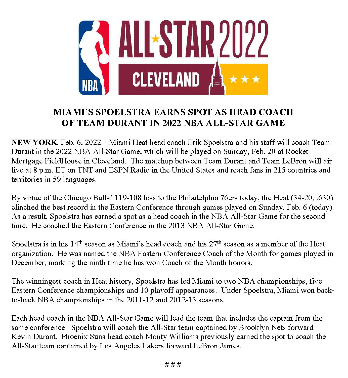 NBA Communications on Twitter: "Miami Heat head coach Erik Spoelstra and his staff will coach ...