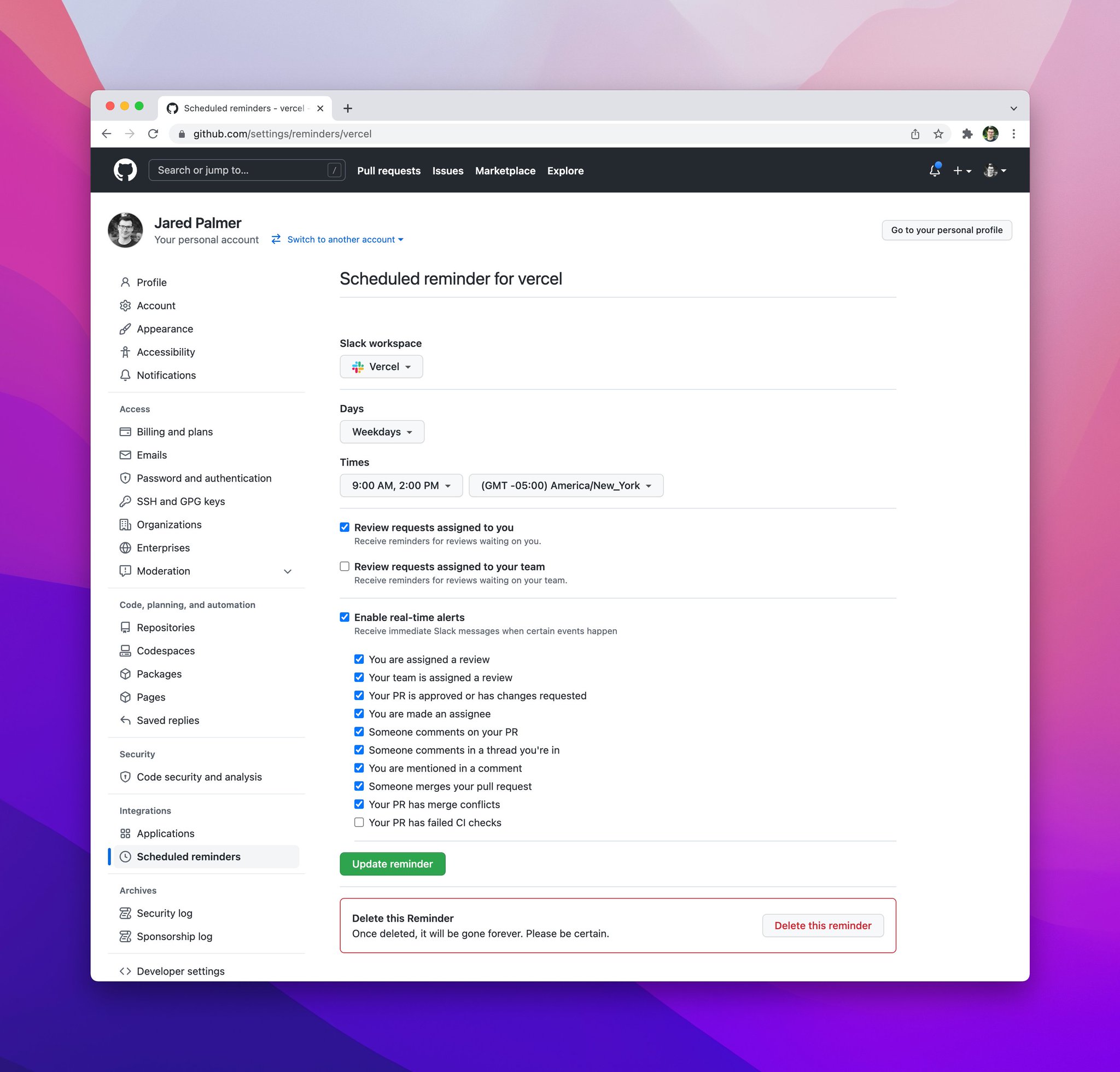 Jared Palmer on Twitter: "Setting up GitHub reminders for my work Slack on weekdays at 9am and ...