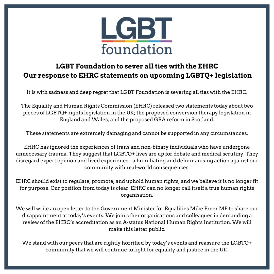 Statement: LGBT Foundation to sever all ties with the EHRC - Our response to EHRC statements on ...