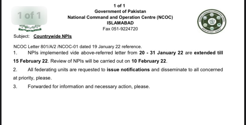 NCOC on Twitter: "Existing NPIs announced till 31 Jan 22 are hereby extended till 15 Feb 22 ...