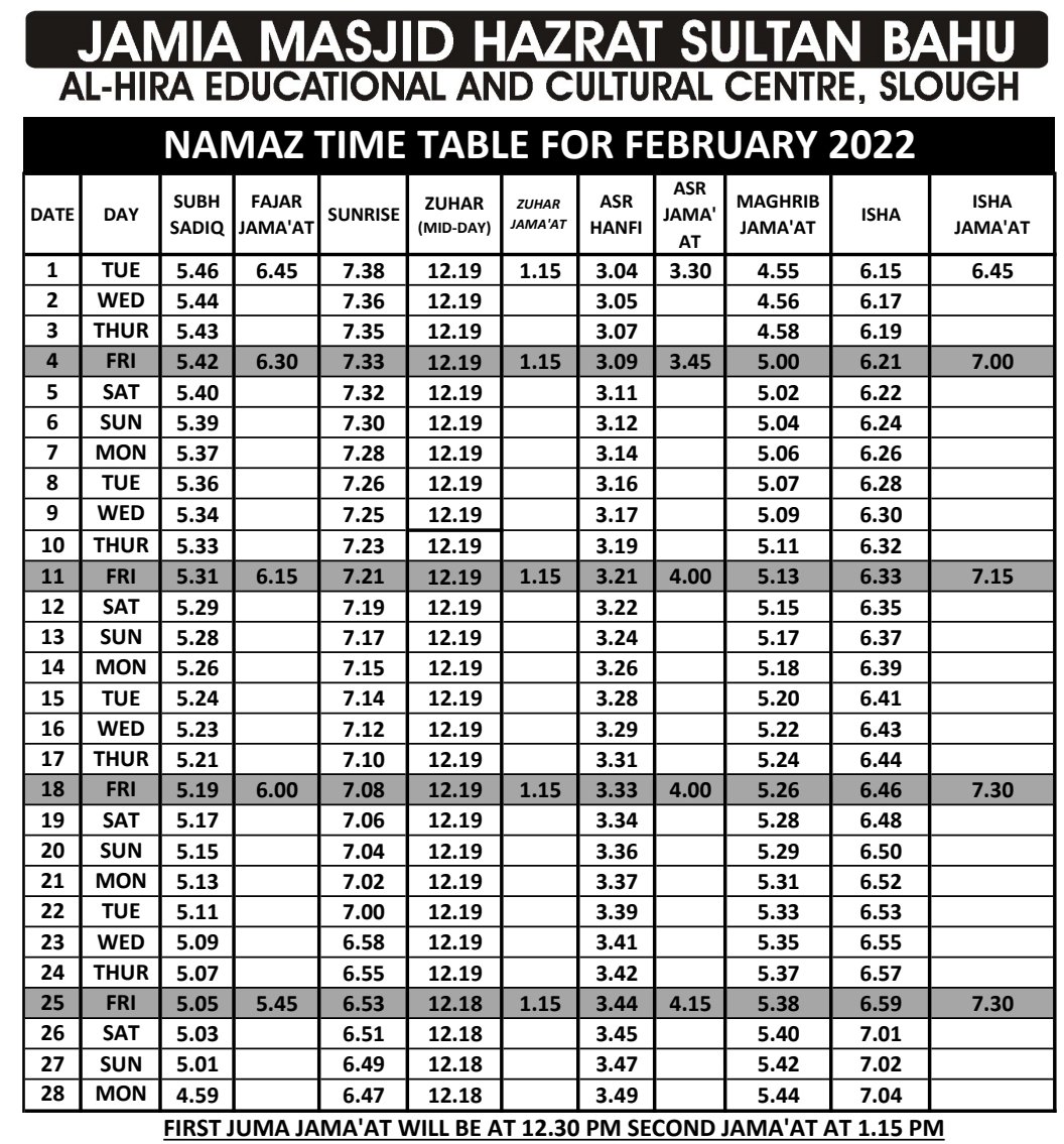Namaz Time Table 2022