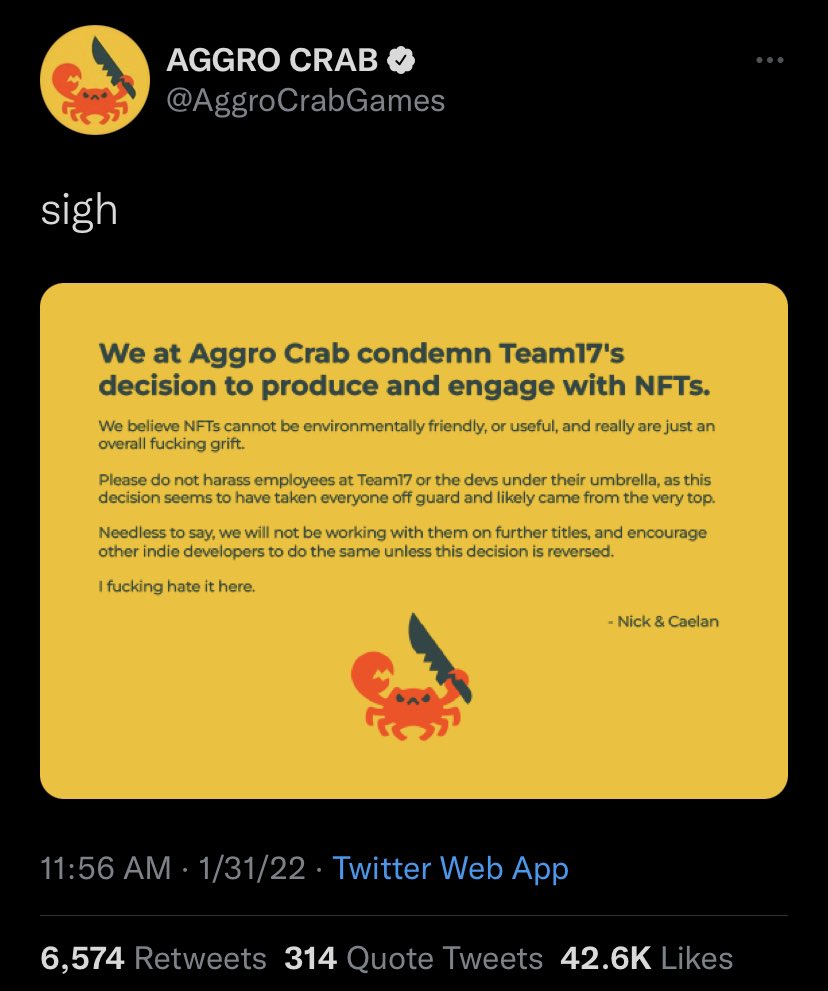 Celebs & Companies Against NFTs(Indefinite Hiatus) on Twitter: "Aggro Crab Games is against NFTs ...